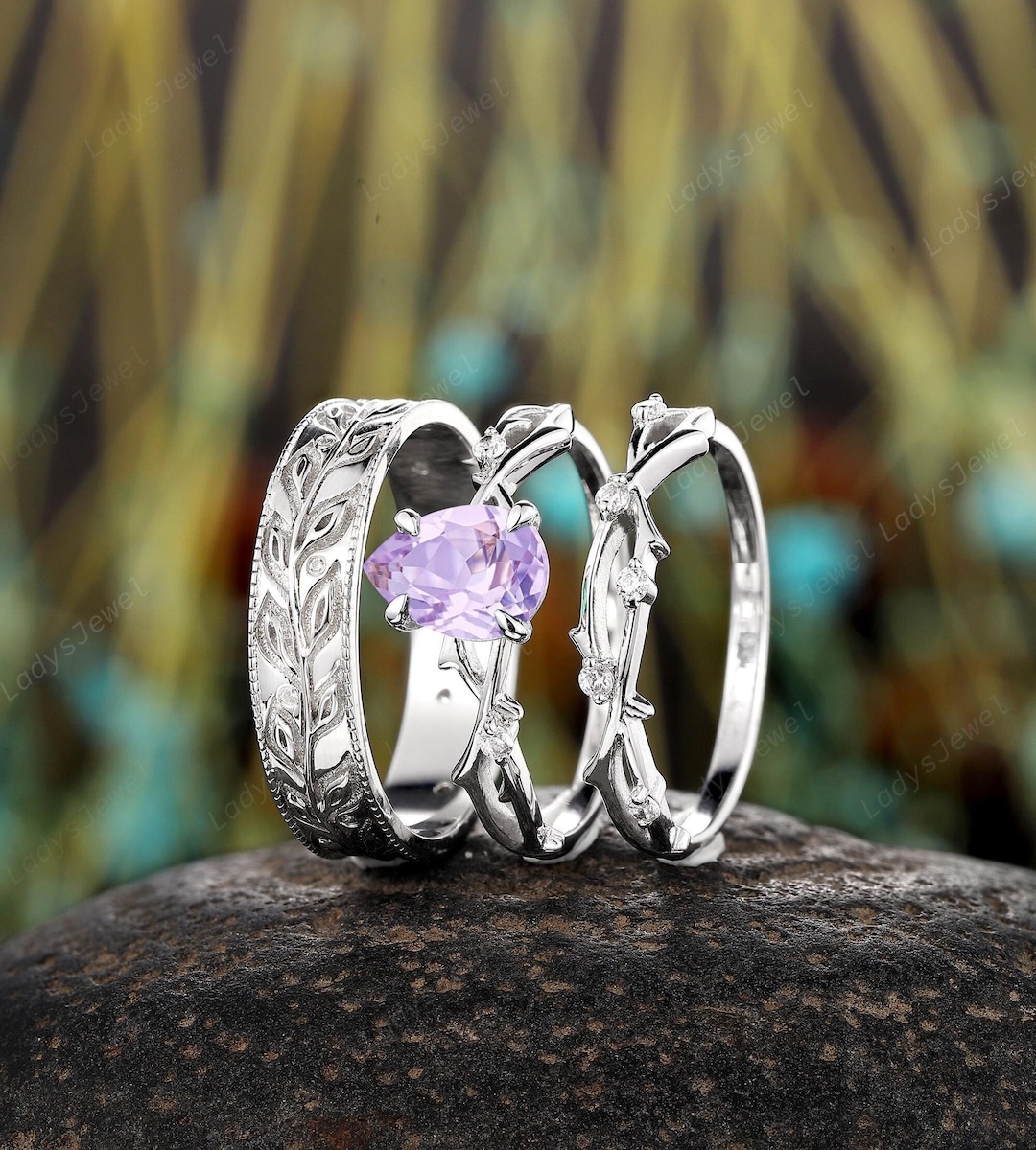 Pear Cut Natural Lavender Amethyst Couples Promise Rings 14K White Gold ...