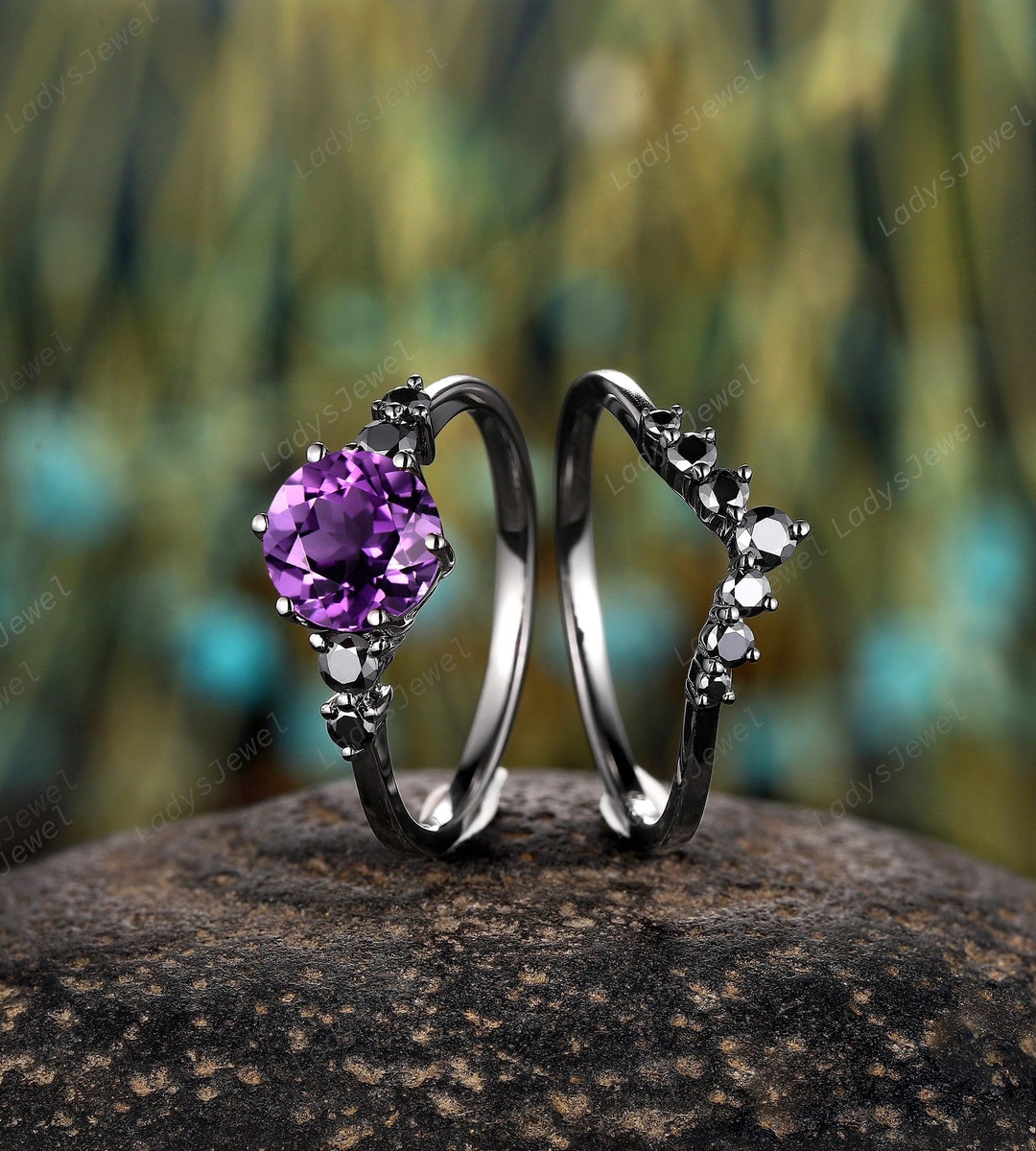 Round Cut Natural Amethyst Engagement Ring Set Rhodium Black Gold ...