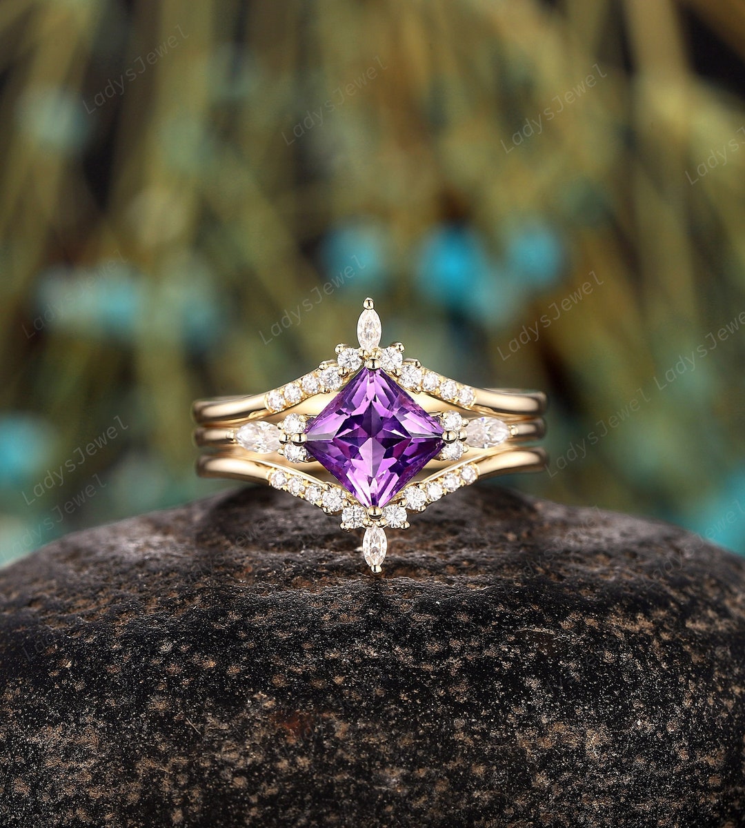 Princess Cut Amethyst Wedding Ring With Ring Guard Spacer, 18K Yellow ...