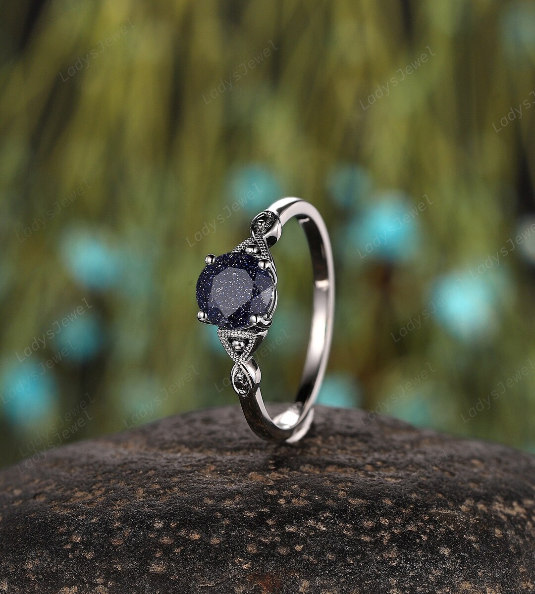 Gothic Nebula Blue Sandstone Engagement Ring Rhodium Black Gold Round ...