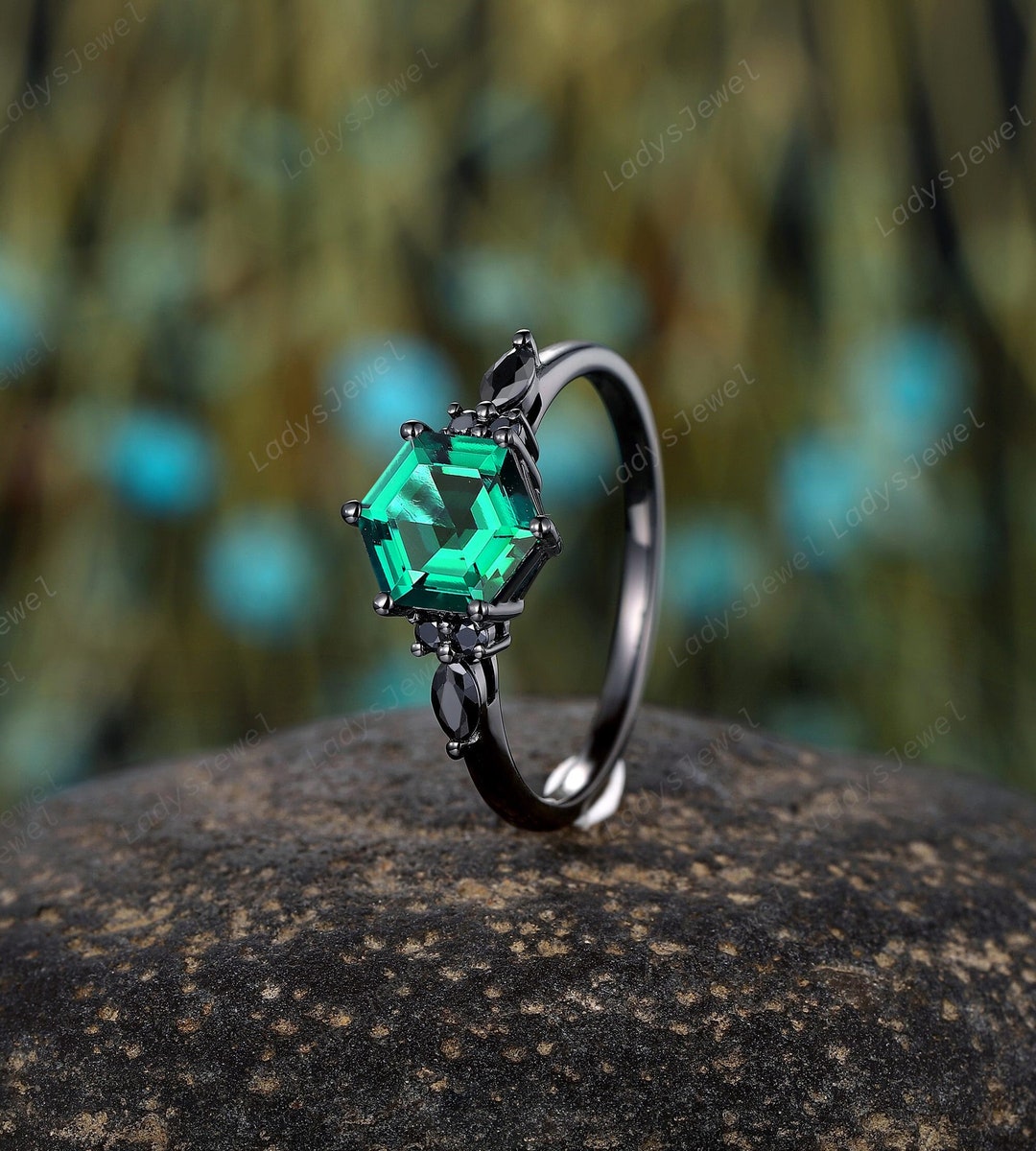 Gothic Black Hexagon Emerald Engagement Ring, Witchy Rhodium Black Emerald Promise Ring, Black ...