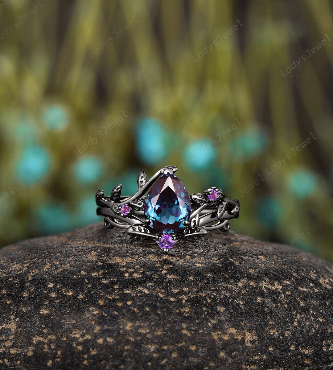Gothic Pear Alexandrite Engagement Ring Set, Rhodium Black Gold ...