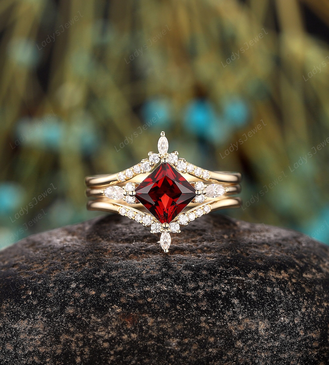 Princess Cut Garnet Wedding Ring With Ring Guard Spacer, 18K Yellow ...