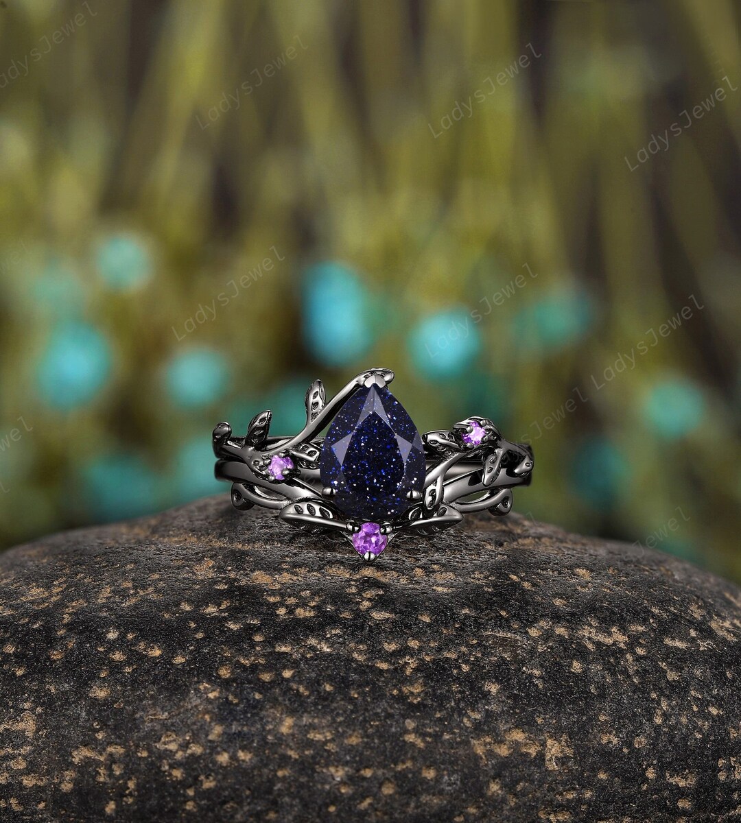 Gothic Nebula Blue Sandstone Engagement Ring Set Rhodium Black Gold ...
