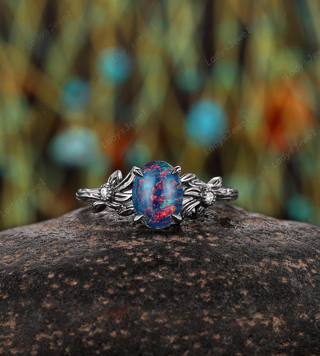 Vintage Oval Cut Black Opal Engagement Ring 14K Black Gold Color Change ...