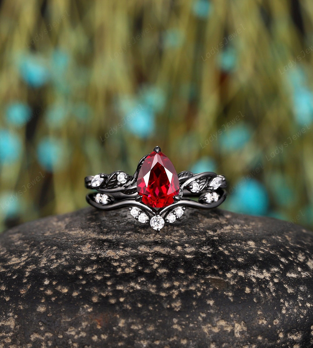 Gothic Black Gold Ruby Leaf Bridal Set, Rhodium Black Twig Branch Engagement Wedding Ring, Pear ...
