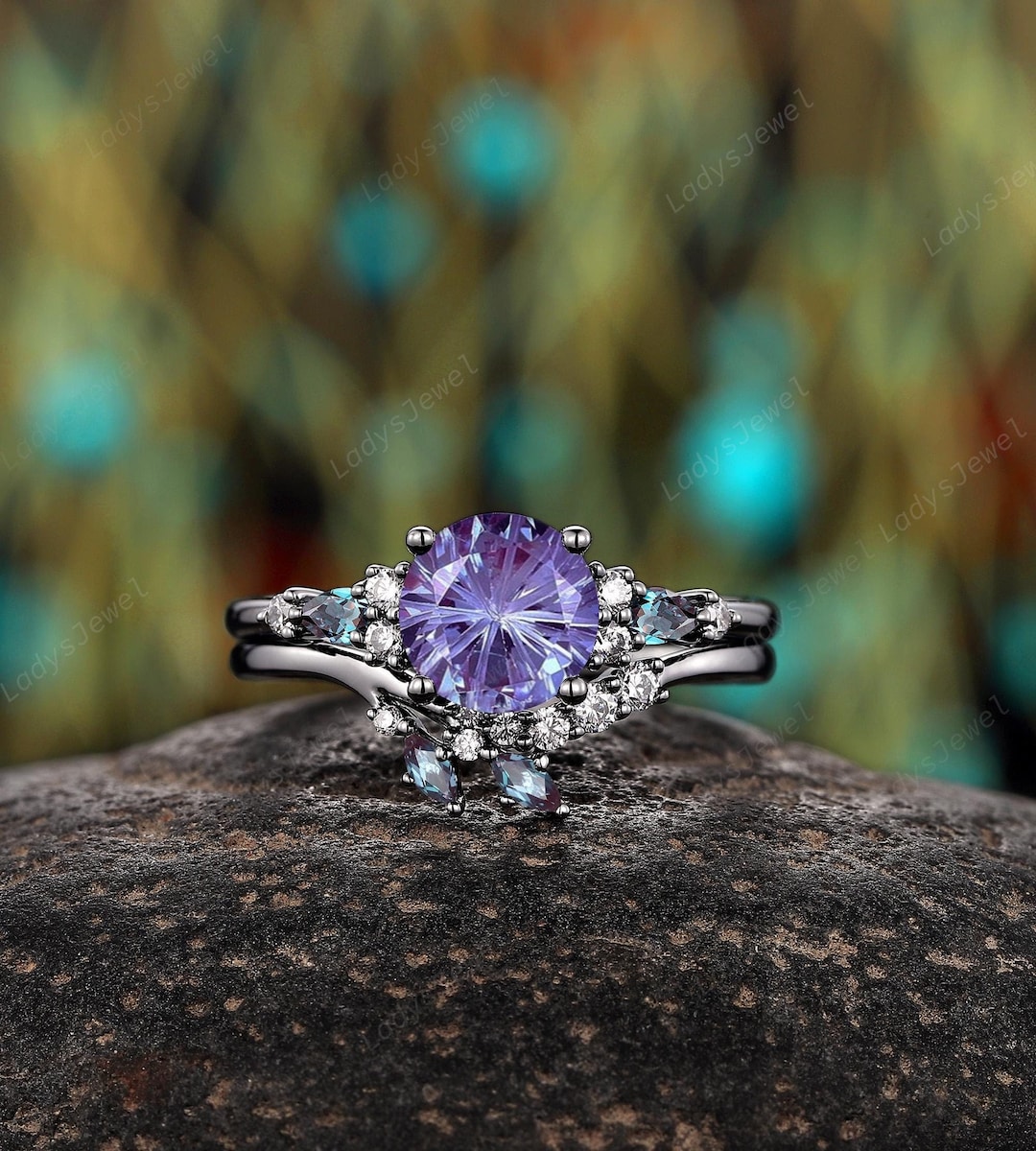 Firework Cut Alexandrite Engagement Ring, 14K Black Gold June ...