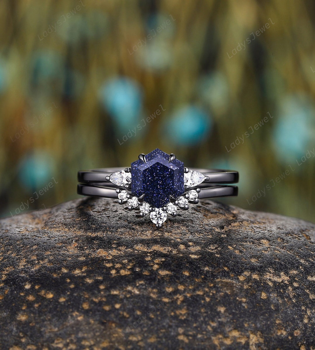 Orion Nebula Blue Sandstone Engagement Ring Set, Gothic Hexagon Cut ...