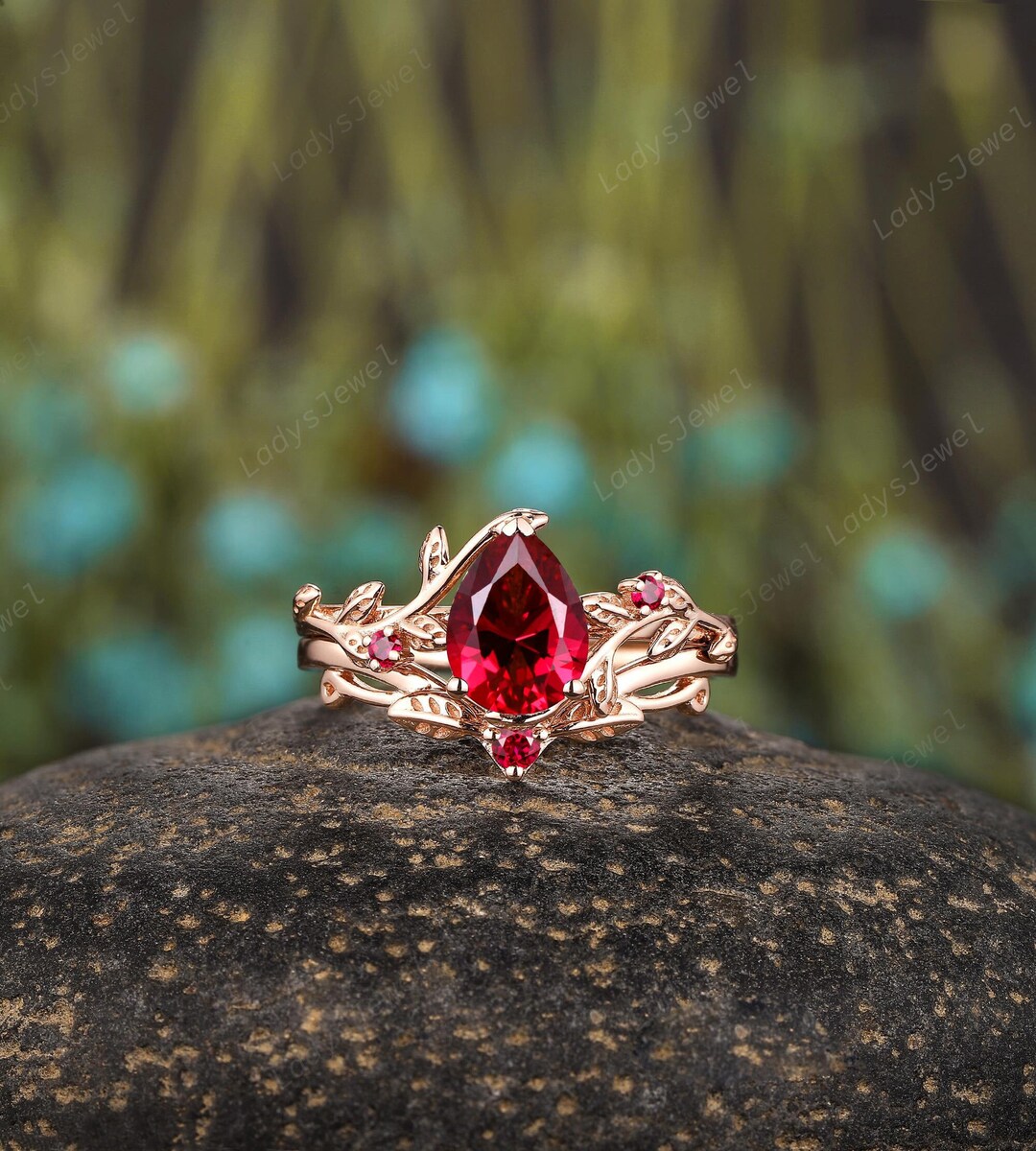 Pear Cut Ruby Bridal Set, Natural Vine Leaf Red Ruby Engagement Ring ...
