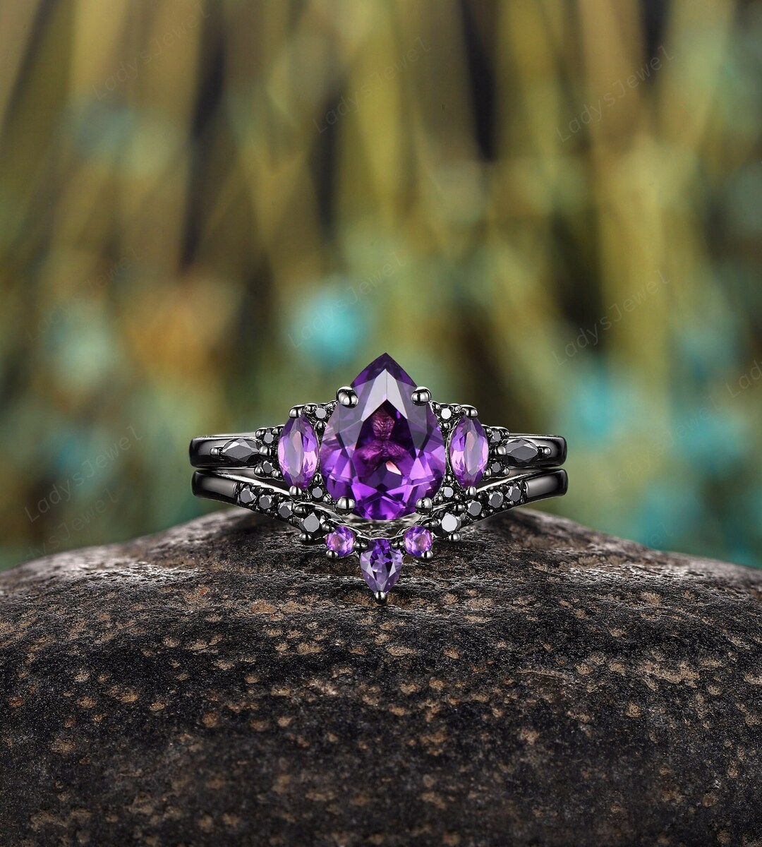 Gothic Pear Cut Natural Amethyst Bridal Set February Birthstone ...
