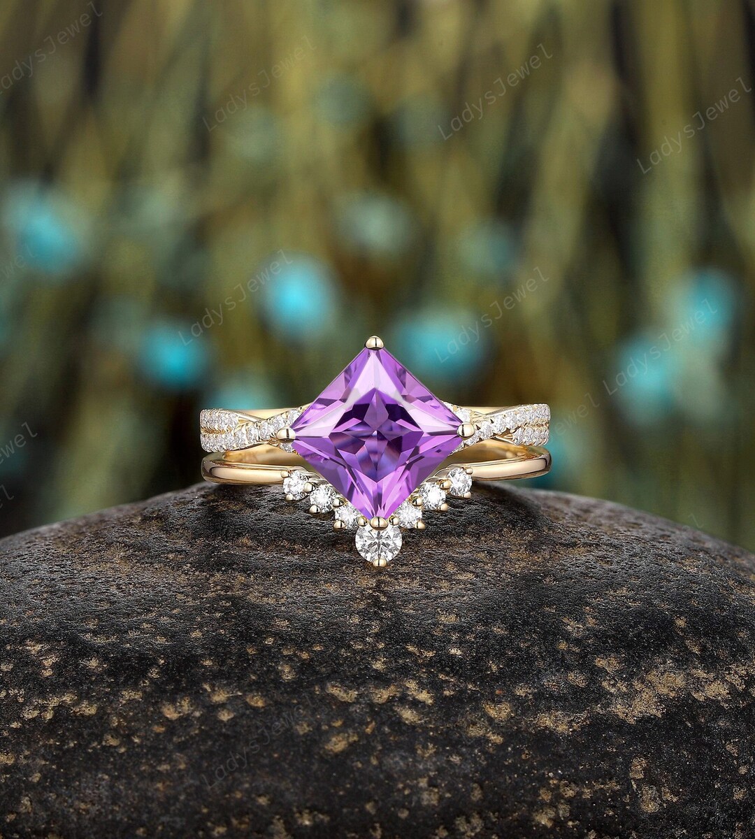 Princess Cut Amethyst Engagement Ring Set, Vintage Wedding Ring, Yellow ...