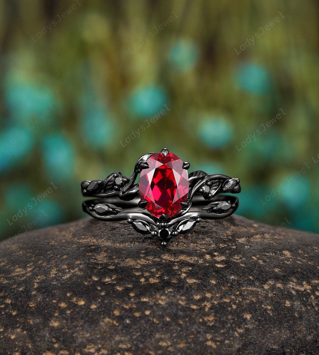 Gothic Oval Cut Ruby Engagement Ring Set Rhodium Black Gold Ruby Bridal ...