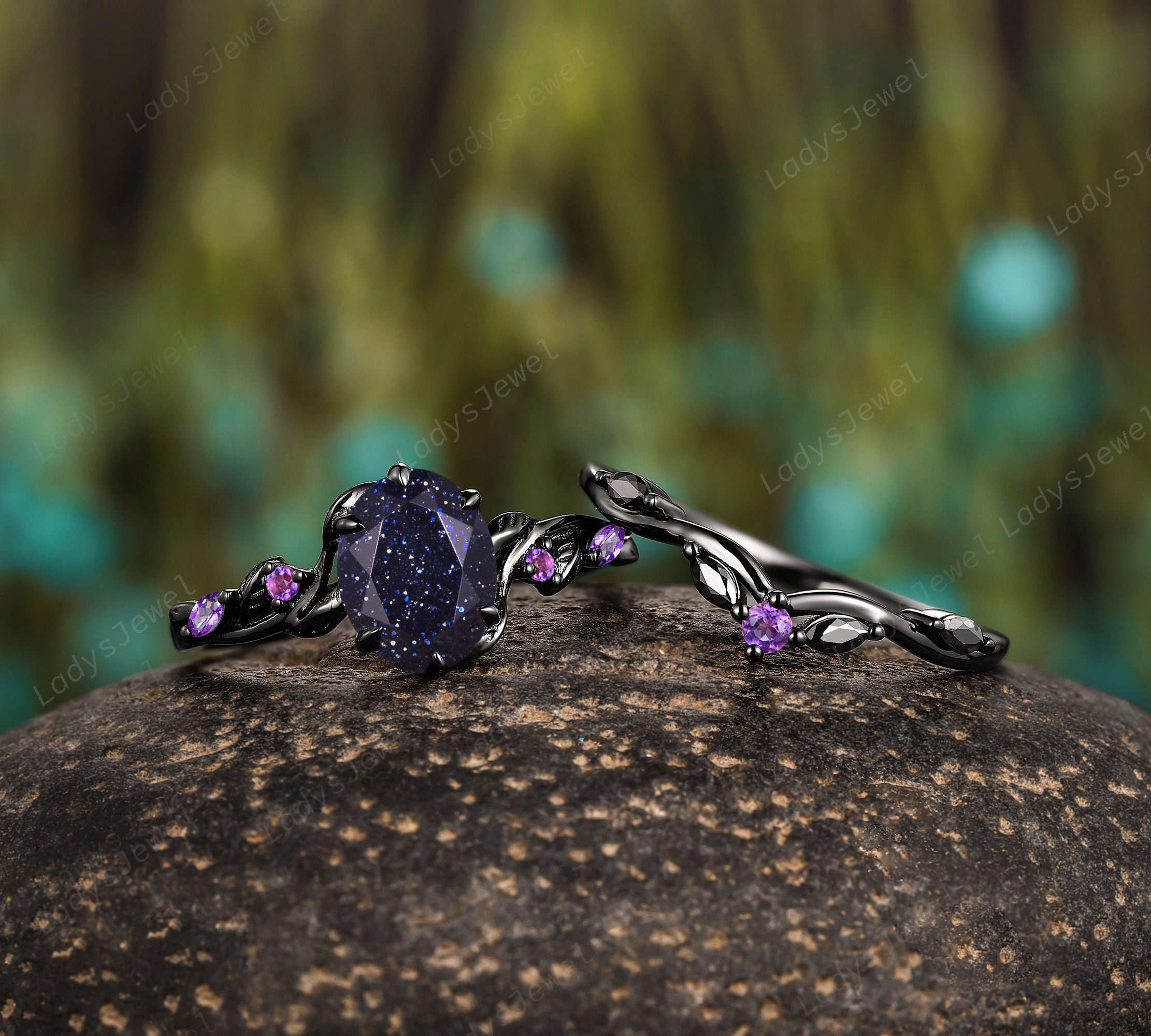 Nebula Blue Sandstone Gothic Bridal Set, Rhodium Black Gold Amethyst ...