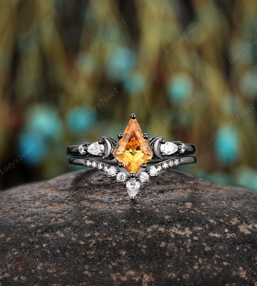 Gothic Kite Cut Citrine Engagement Ring Set, Rhodium Black Gold ...