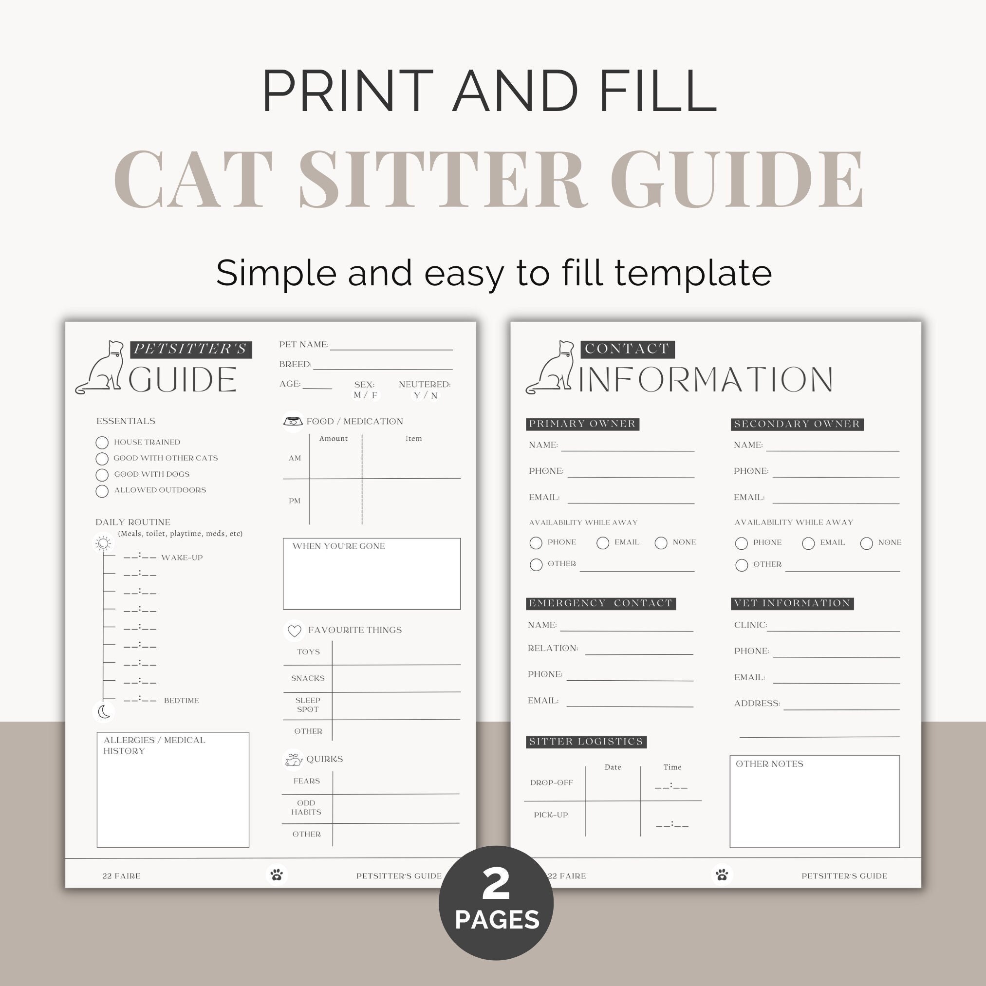 Cat Sitter Instructions | Printable Pet Sitter Template | Petcare Info ...