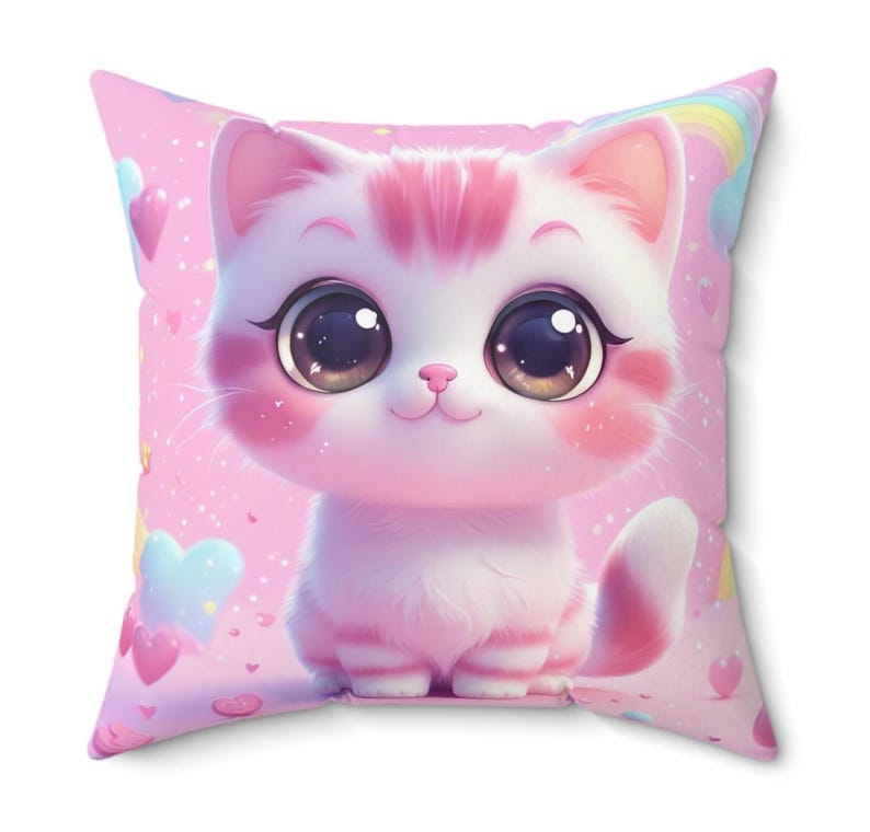 CUTE Cat Pillow Kawaii Cartoon Kitty With Pastel Hearts, Stars, and ...