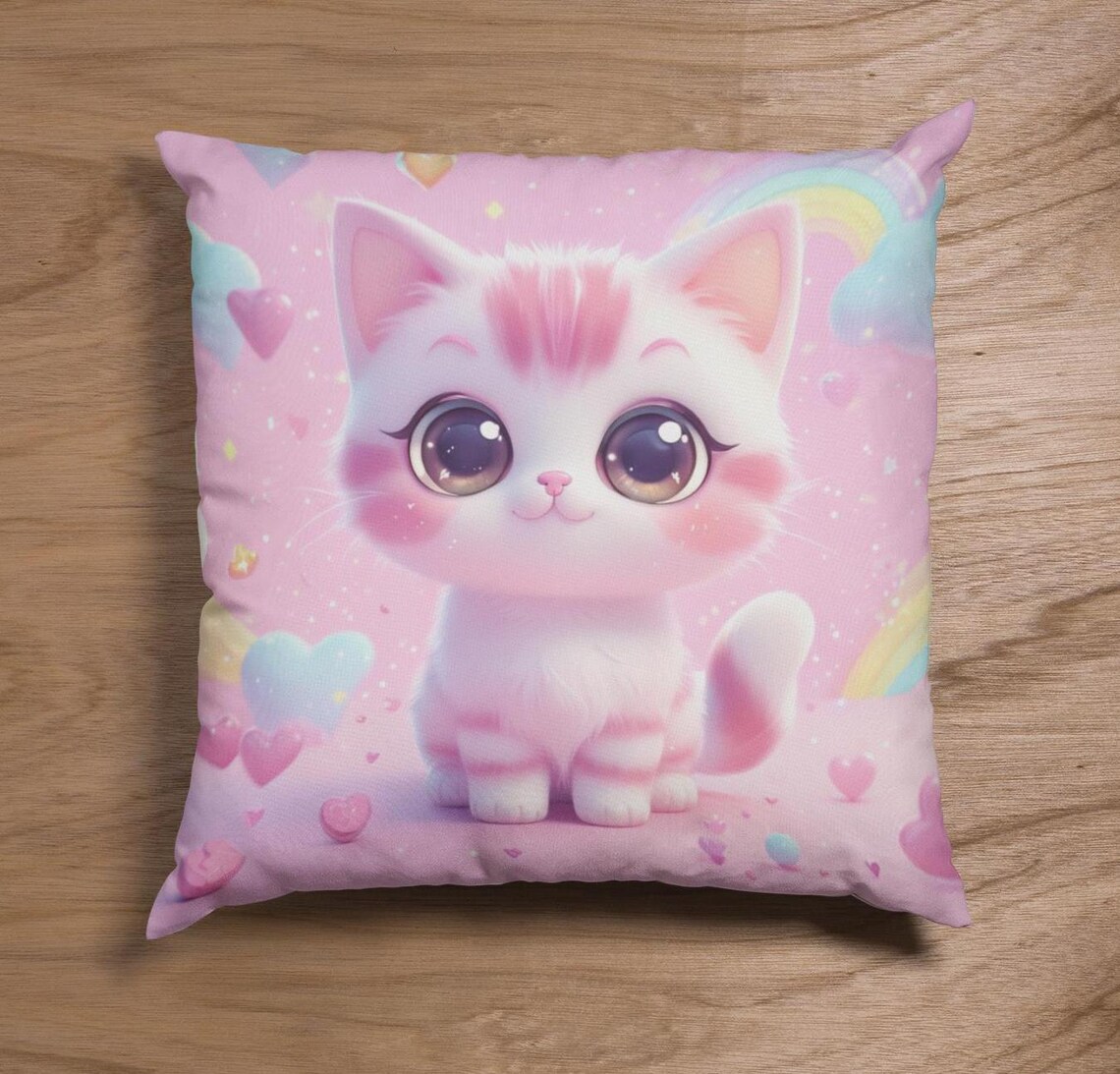CUTE Cat Pillow Kawaii Cartoon Kitty With Pastel Hearts, Stars, and ...