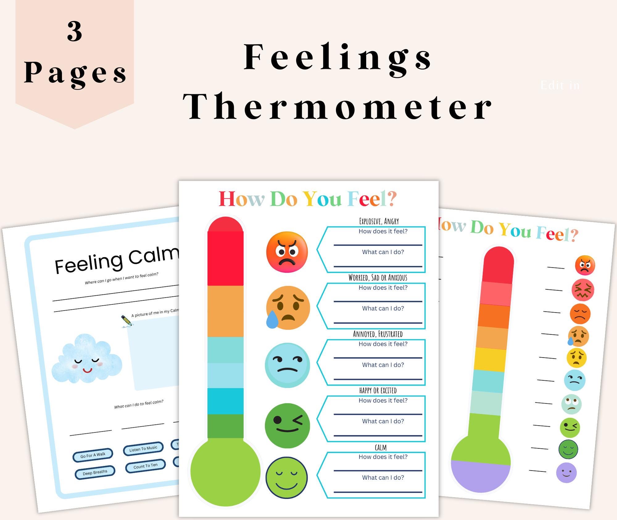 Feelings Thermometer Worksheets, Emotional Regulation Tools, Kids ...