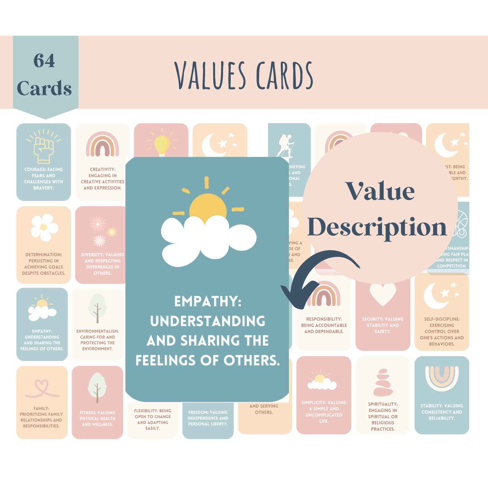 Value Cards, Printable ACT Therapy Value Cards, Counseling, School ...