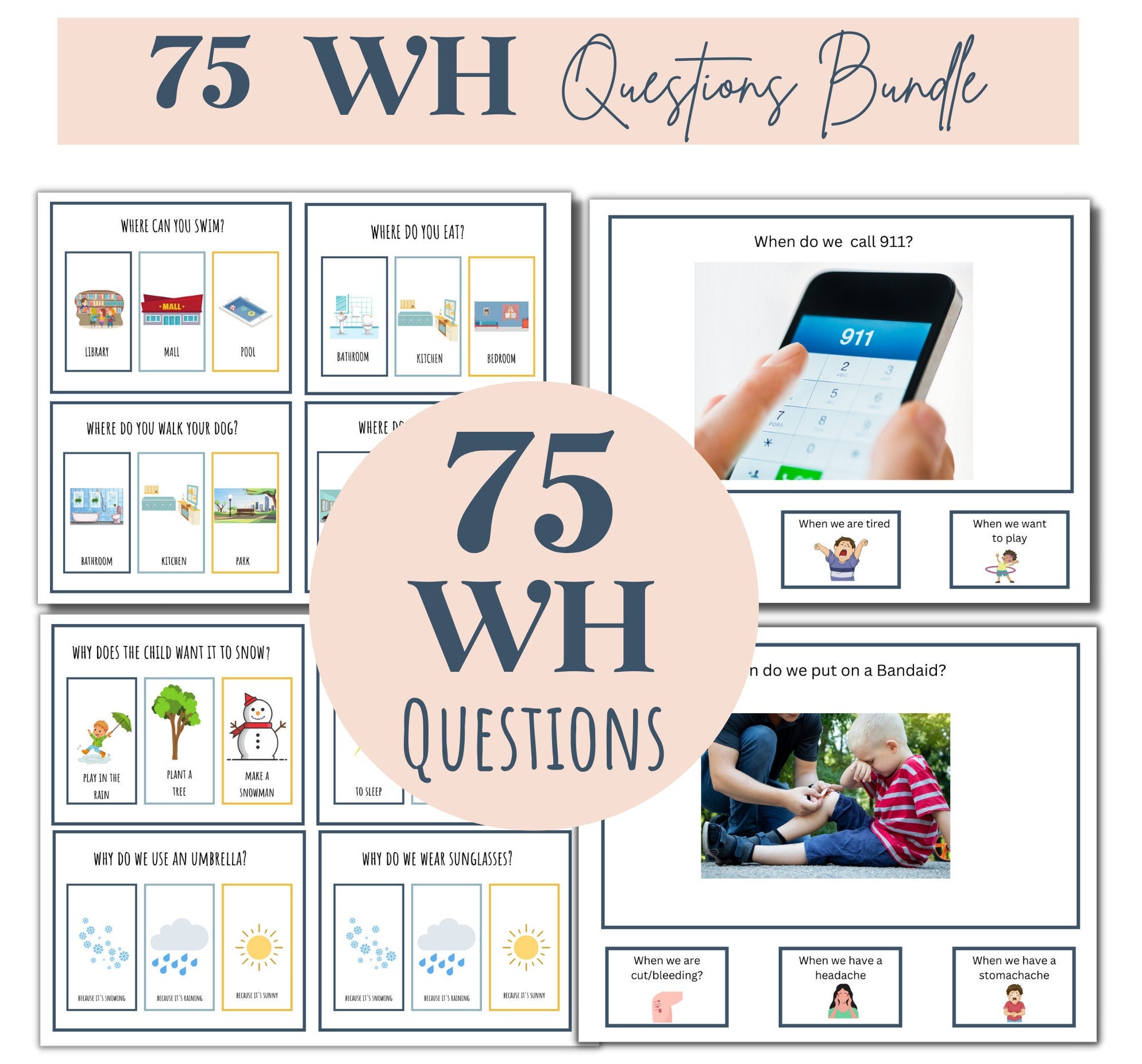 WH Questions Bundle for Kids, Wh Task Cards. WH Questions for ABA, Aba ...