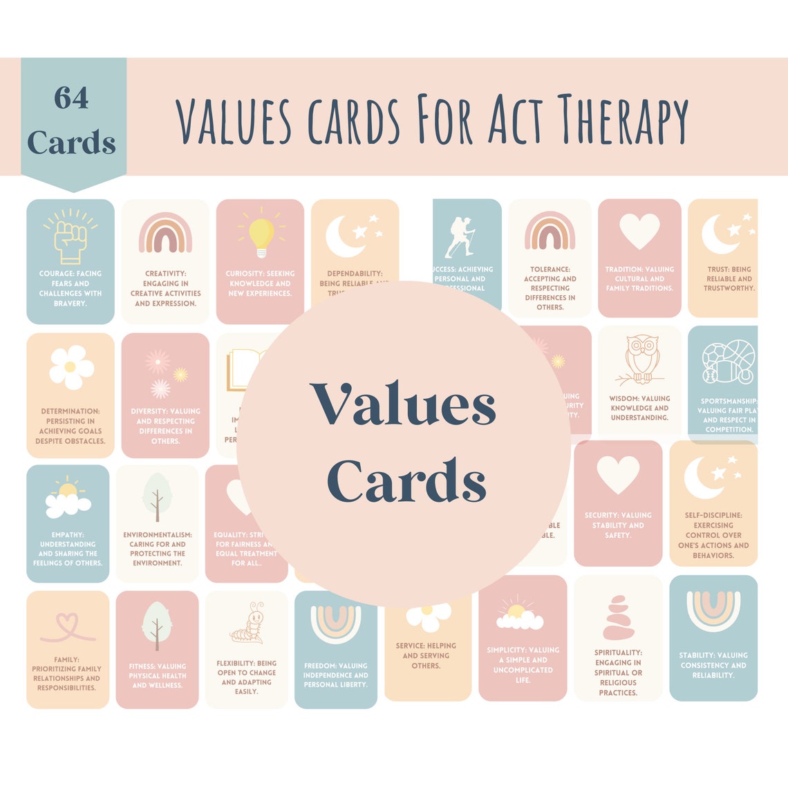 Value Cards, Printable ACT Therapy Value Cards, Counseling, School ...