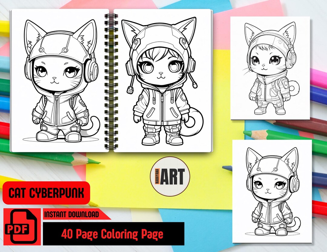 40 Pages Cute Cat Cyberpunk, Cat Coloring Book for Kid - Etsy