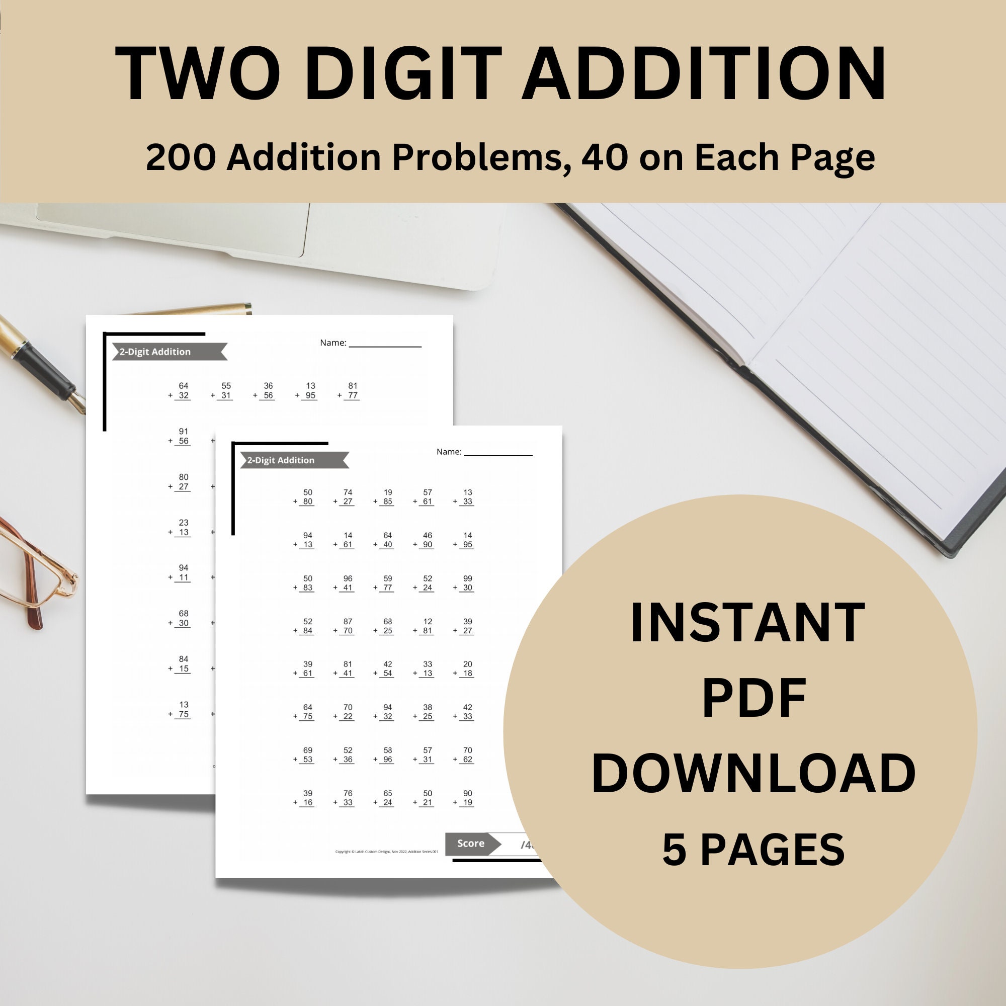2-digit Addition Practice Printable Worksheet, 5 Pages PDF, Set 001 - Etsy