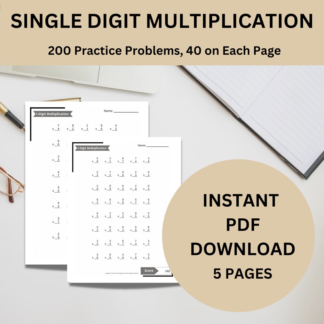1-digit Multiplication Practice Worksheet - 5 Pages - Printable PDF - Etsy