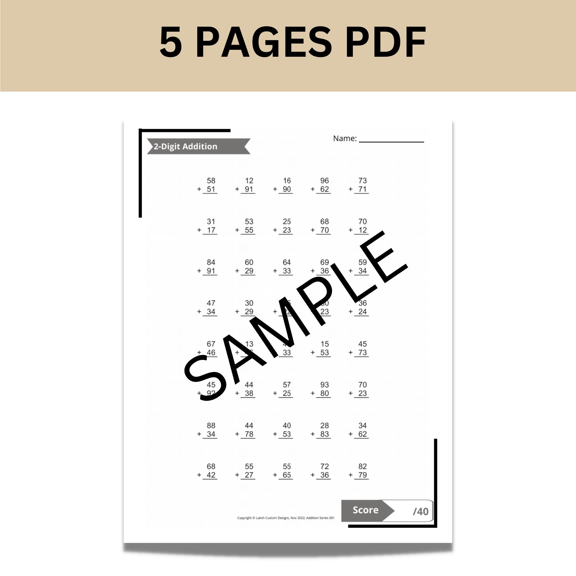 2-digit Addition Practice Printable Worksheet, 5 Pages PDF, Set 001 - Etsy