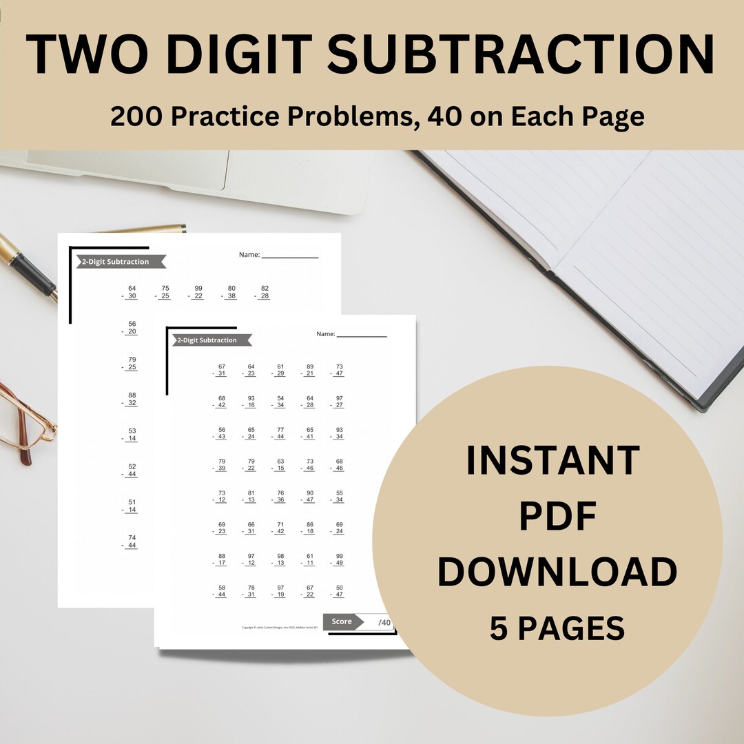 2-digit Subtraction Practice Printable Worksheet - Etsy