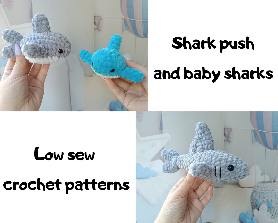 Crochet Shark Plush and Baby Shark Low Sew Pattern Cute Kawaii Keychain ...