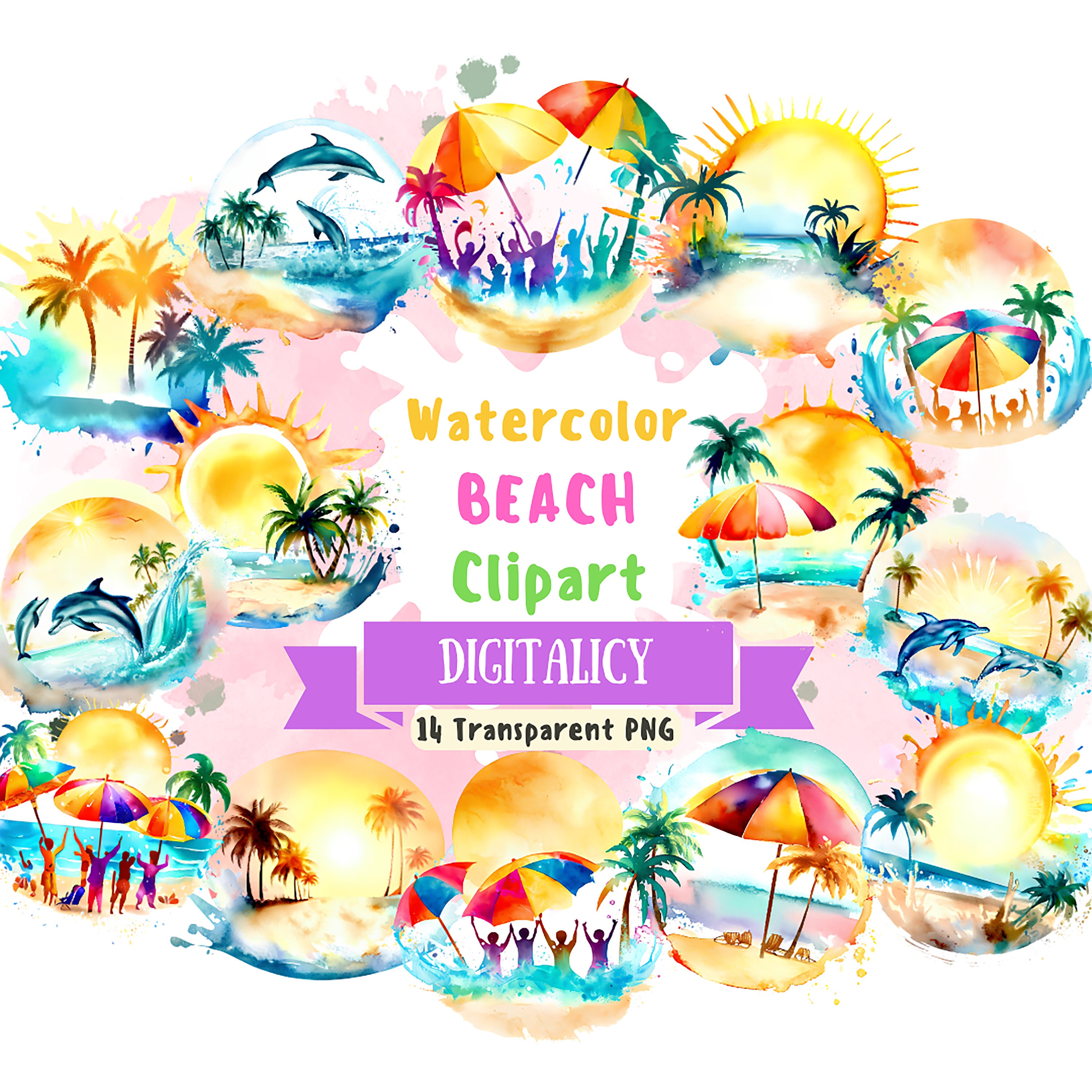 14 Watercolor Beach Clipart PNG, Summer Clipart, Beach Clipart, Beach ...