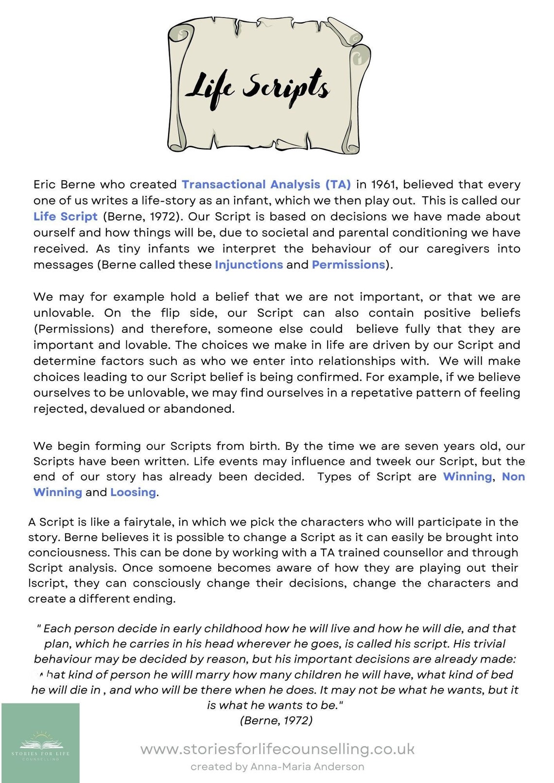 Life Scripts (transactional Analysis) Handout for Counselling ...