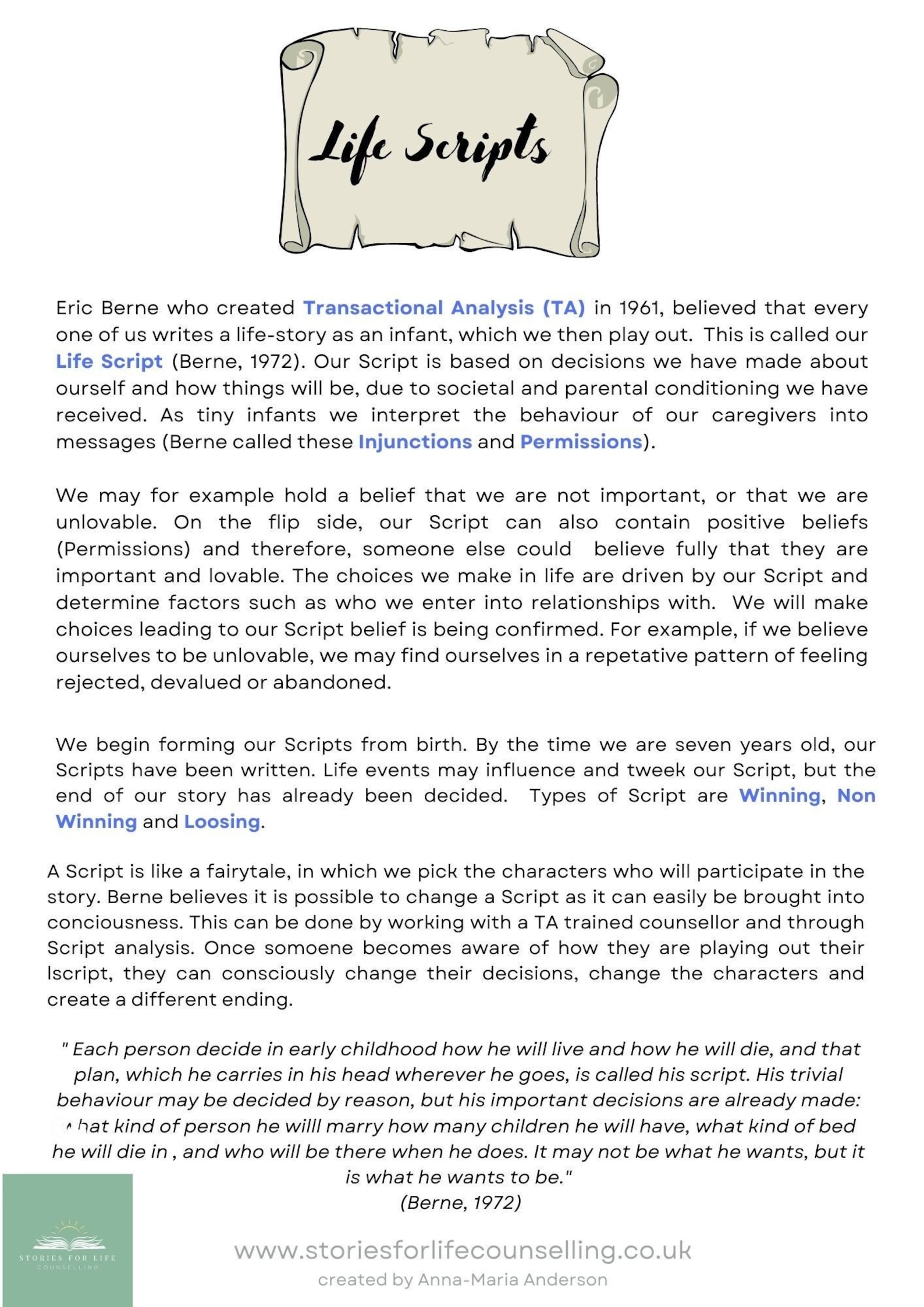 Life Scripts (transactional Analysis) Handout for Counselling ...