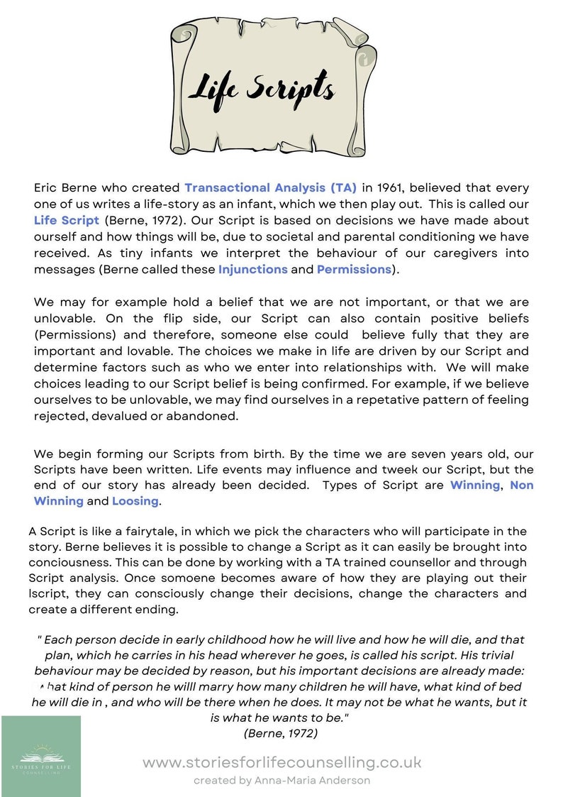 Life Scripts (transactional Analysis) Handout for Counselling ...