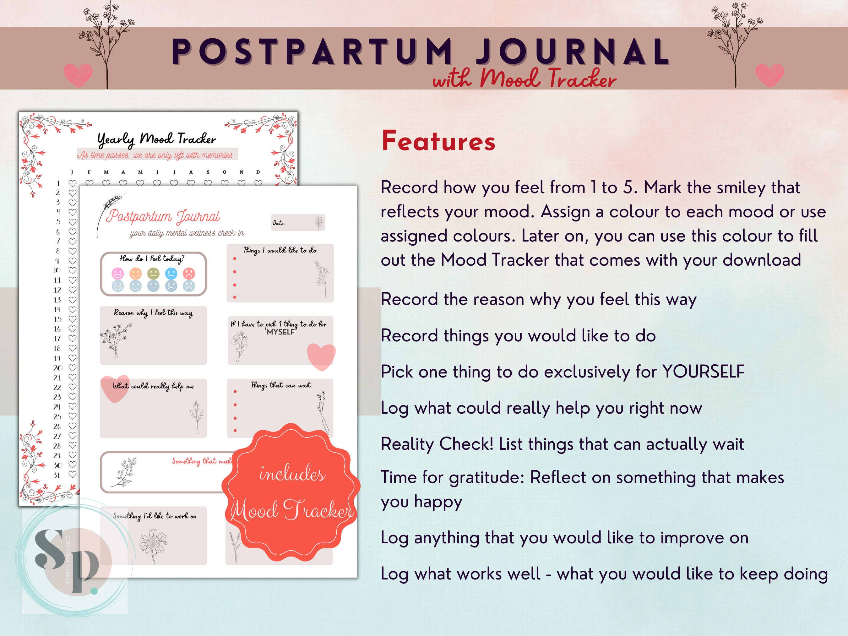 Postpartum Journal, Mood Tracker, Postpartum Mental Check, Mom Journal ...