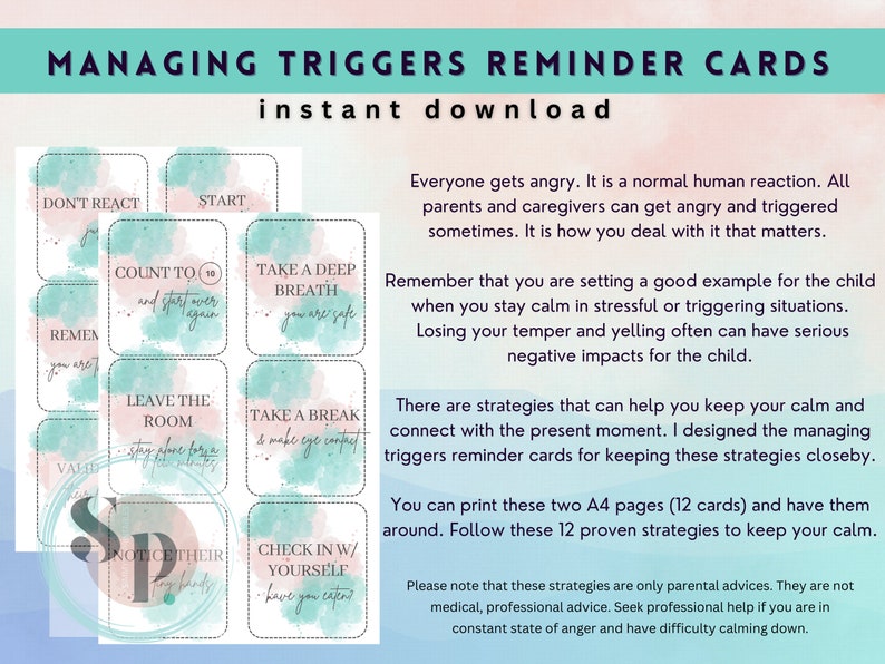 Managing Triggers Reminder Cards, Parental Anger Management Cards ...
