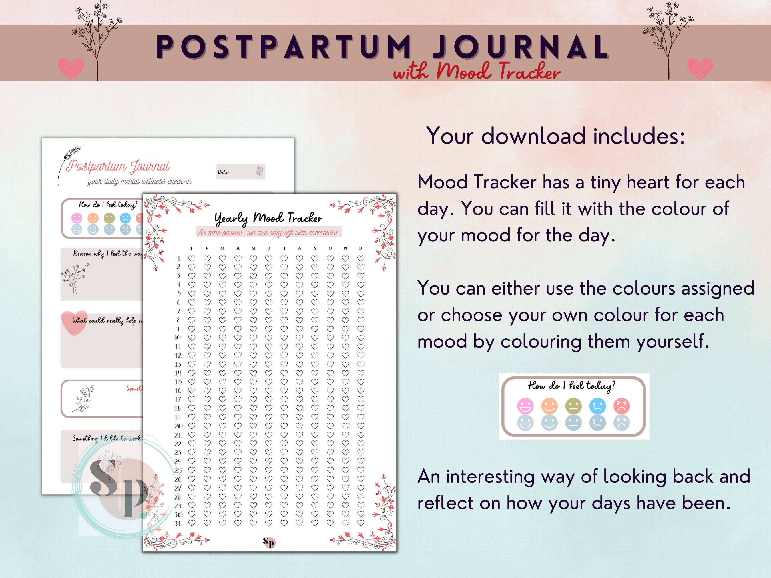 Postpartum Journal, Mood Tracker, Postpartum Mental Check, Mom Journal ...