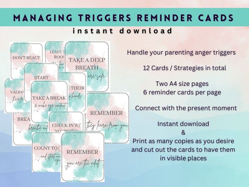 Managing Triggers Reminder Cards, Parental Anger Management Cards ...