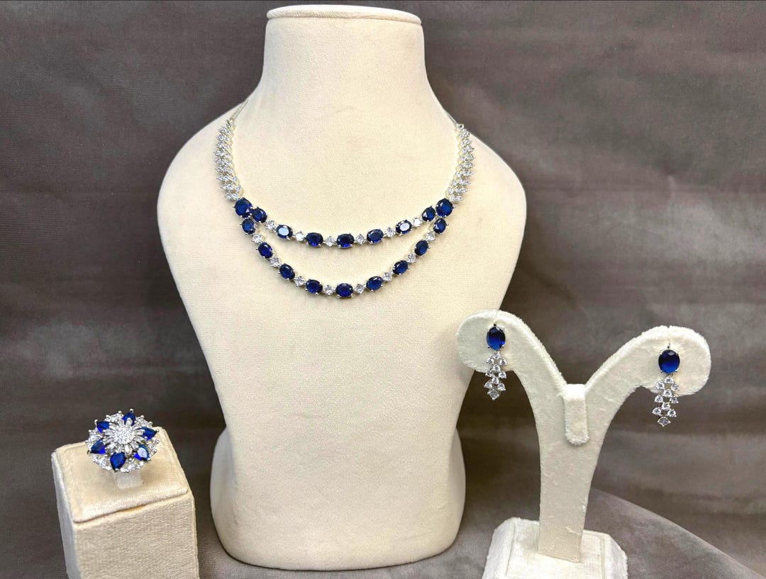 AMANDA Blue American Diamond Necklace Set for Women | Bridal Choker ...