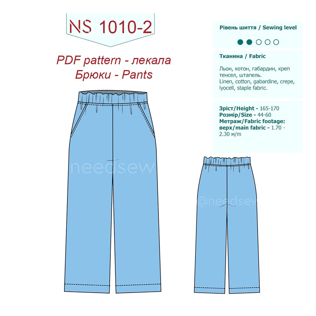Digital Sewing Pattern of Pants in 9 Sizes S-6XL With Seam Allowances ...