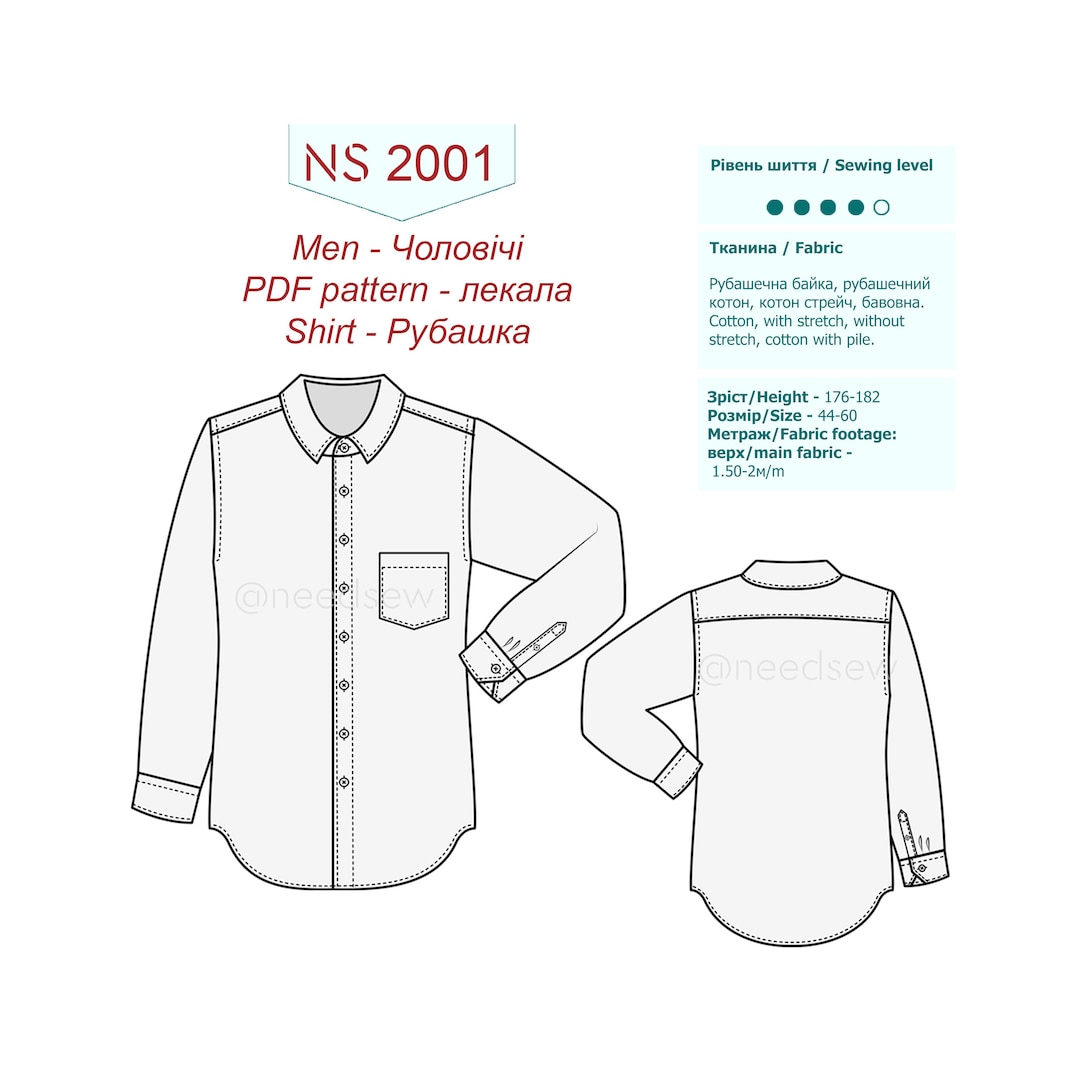Digital Sewing Pattern Sewing Pattern of Men Shirt /sizes S-6XL With ...
