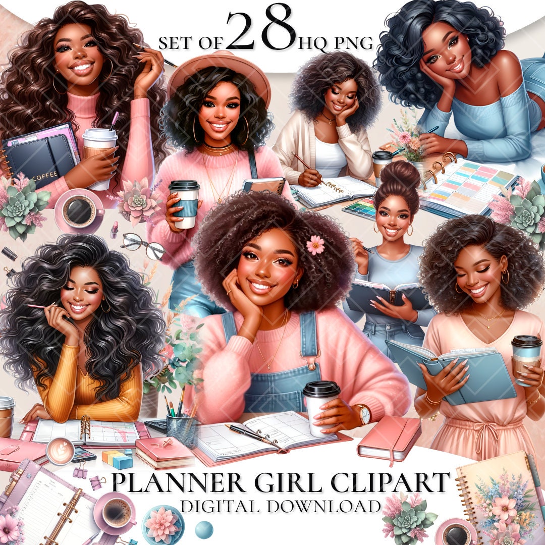 Black Women Clipart, Planner Girl Clipart, Office Girl Clipart, Black ...