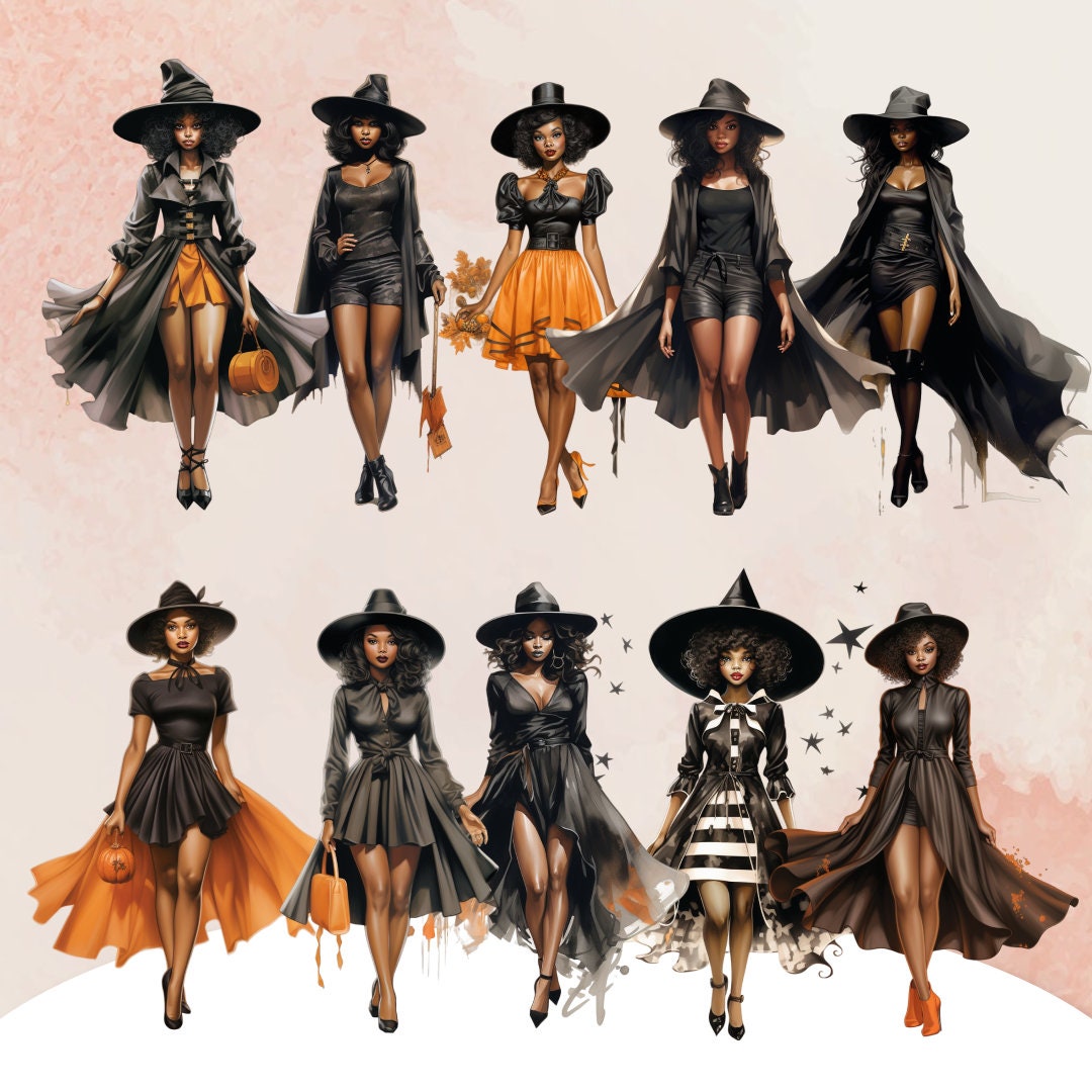 Halloween Witch Fashion Clipart, Black Girl Clipart, PNG for Stickers ...