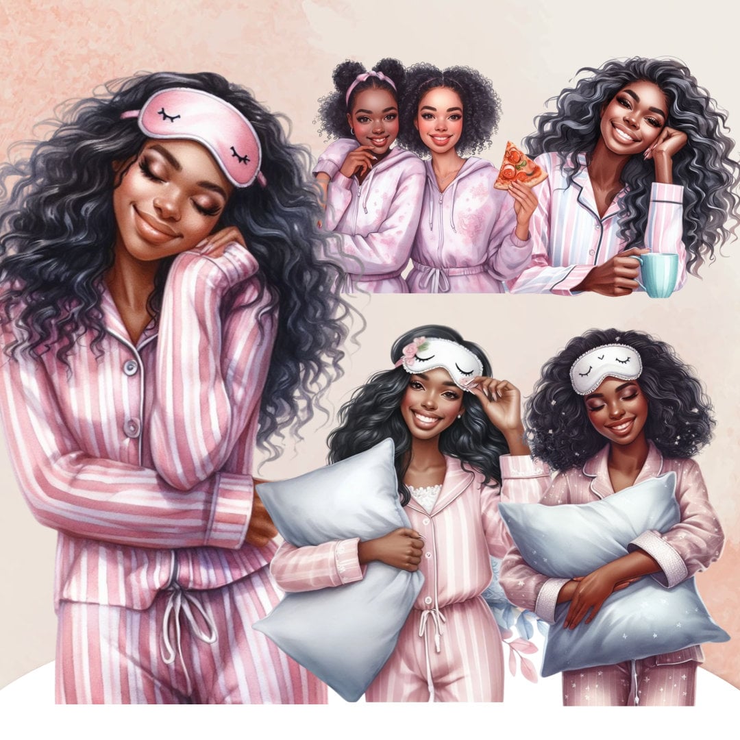 Pajama Party Black Girls Clipart Black Woman Clipart Watercolor Cozy Movie Time Clipart Bundle