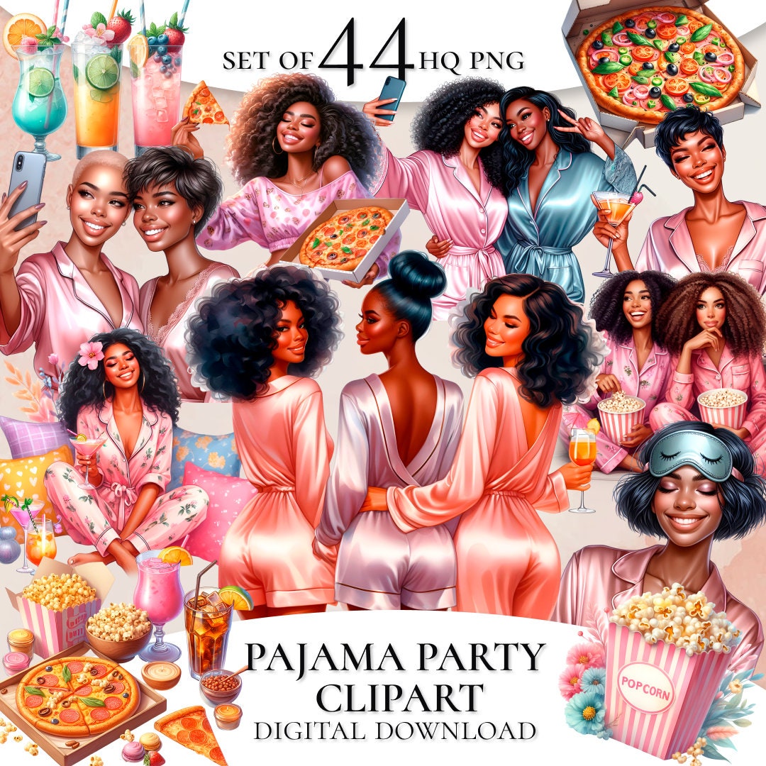 Black Girls Pajama Party Clipart: Watercolor Movie Night Bundle ...