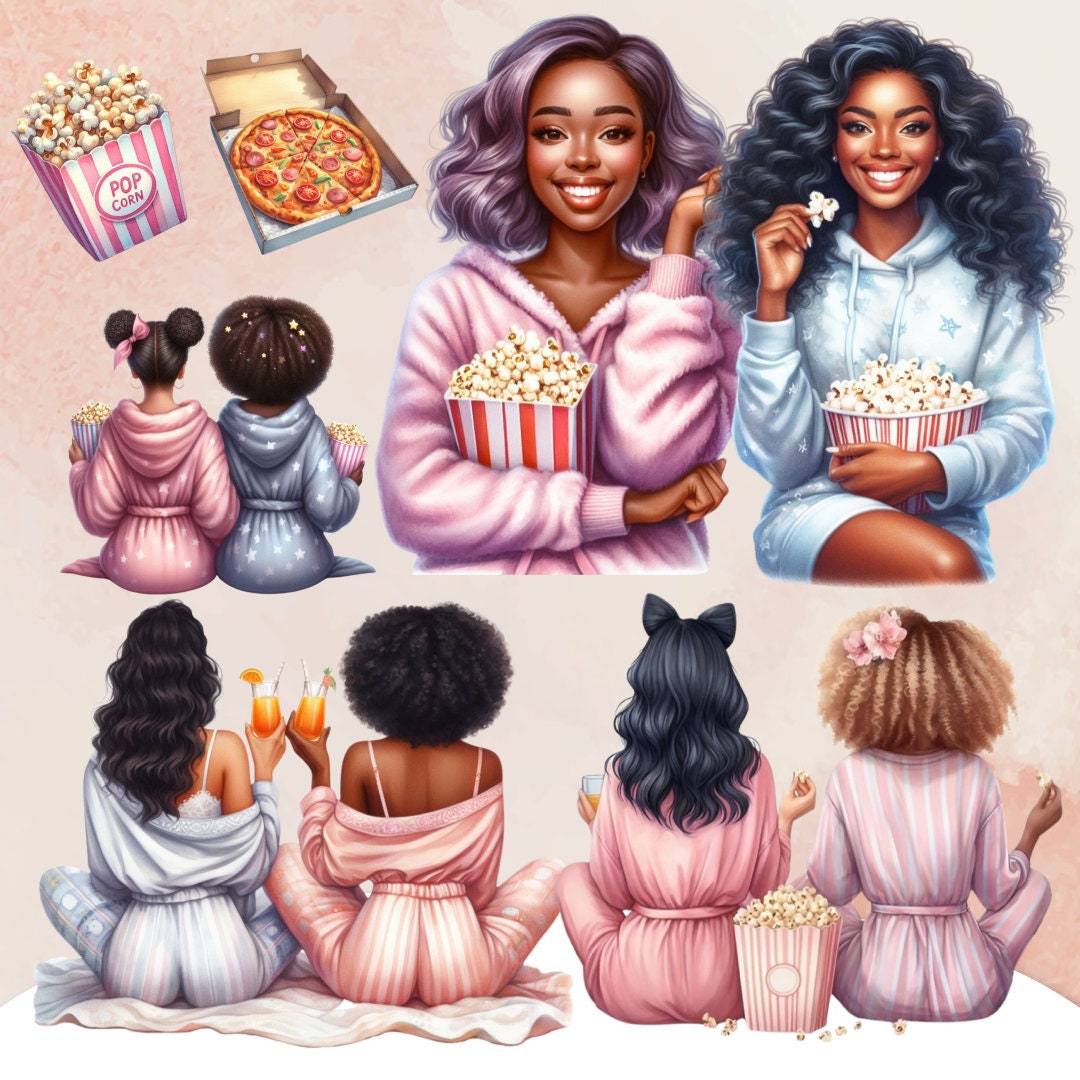 Pajama Party Black Girls Clipart, Black Woman Clipart, Watercolor Cozy ...
