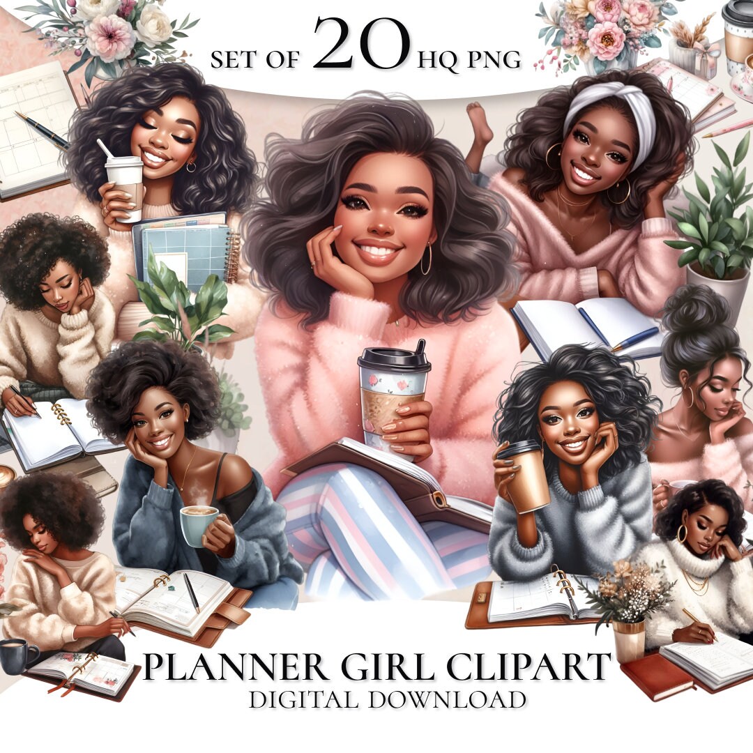 Black Women Clipart, Planner Girl Clipart, Office Girl Clipart, Black ...