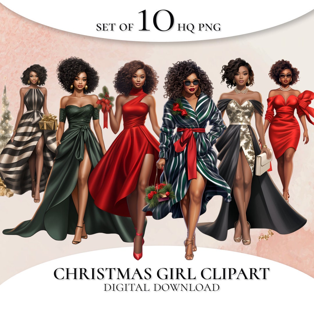 Christmas Girl Clipart, Black Girl Clipart, Afro Girls Clipart, Fashion ...