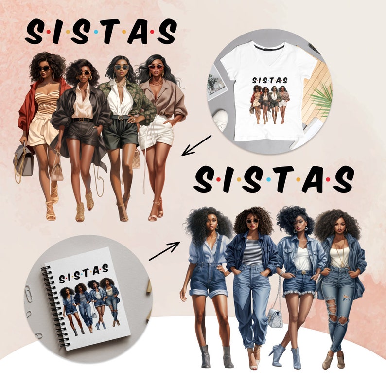 Black Sistas Clipart PNG: Fashionable Black Women Designs (digital ...